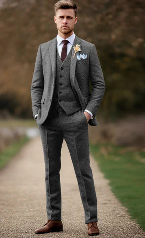 grey suit brown shoes red tie